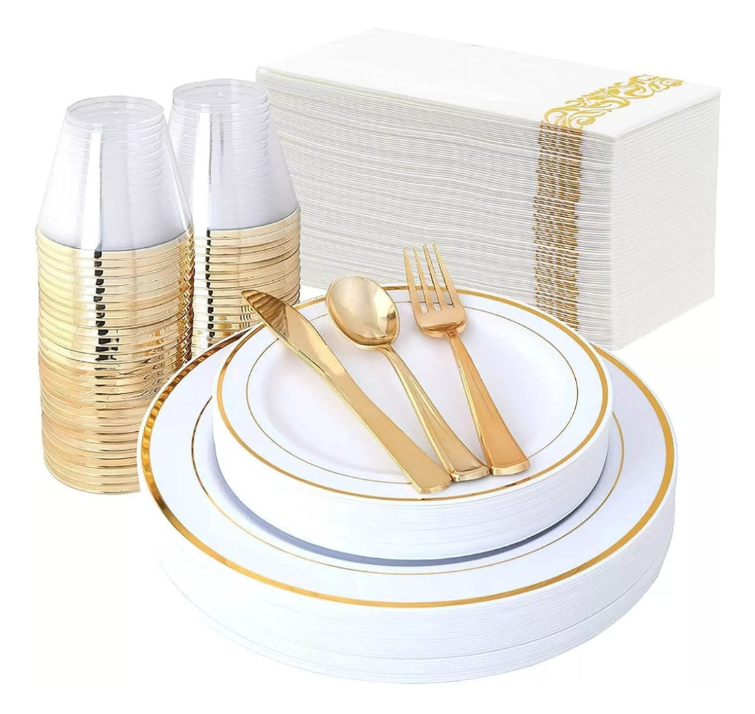 Set Platos Desechables Elegantes Fiesta 10 personas, 70 piezas Gold ...